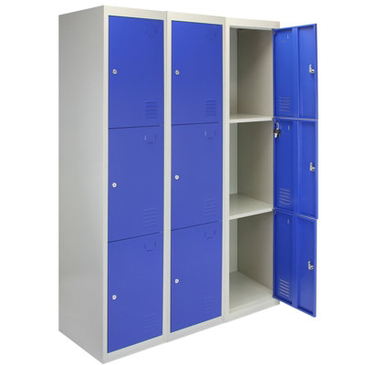 MonsterShop 3 x Blue 3 Door Metal Storage Lockers, Blue & Grey Steel ...