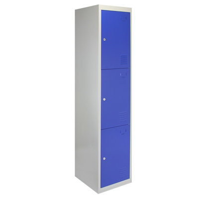 MonsterShop 3 x Blue 3 Door Metal Storage Lockers, Blue & Grey Steel ...