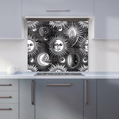 Moon and Sun Black White Premium Glass Kitchen Splashback W600mm x H600mm
