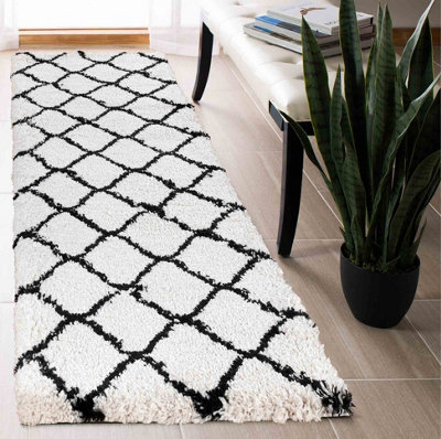 Moroccan Berber Shaggy Rugs Living Room Bold Trellis Stone 60x220 cm