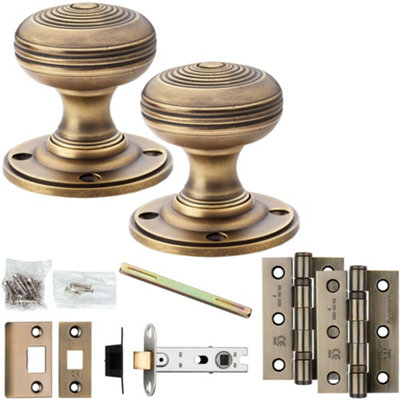 Mortice Door Knob & Latch Pack - Antique Brass - 50mm Smooth Ringed On ...