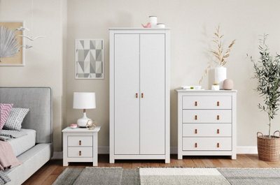 Morton 3 Piece Trio Bedroom Furniture Set in White Drawers Bedside Table Wardrobe Tab Handles