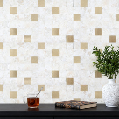 Mosaic Style Marble Effect Square Brick Design Peel and Stick Wall ...