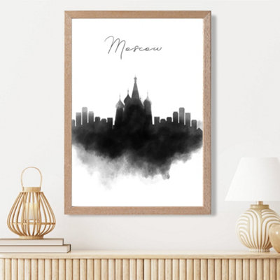 Moscow Watercolour Skyline City Framed Print SIZE: A3 with Oak Frame
