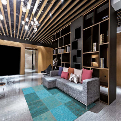 Multi Blue Traditional Wool Anti-slip Easy to Clean Chequered Floral ...