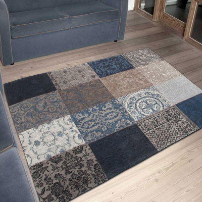 Multi Blue Traditional Wool Anti-slip Easy to Clean Chequered Floral ...