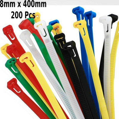 Multi Coloured Cable tie (L)400mm, Pack of 200 Adjustable Wrap Reusable ...