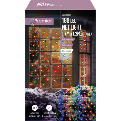Multi Coloured Christmas Window Net Lights 180 LED 1.7M x 1.2M Multi ...