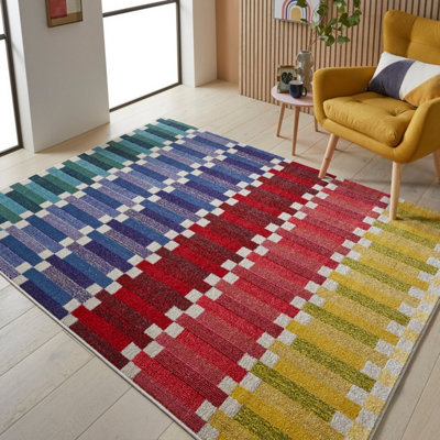 Multi Geometric Chequered Easy to Clean Modern Rug For Dining Room ...