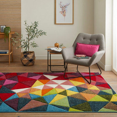 Multi Geometric Modern Easy to Clean Dining Room Rug-120cm X 170cm ...