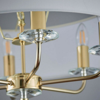 Multi Light Ceiling Pendant 6 Bulb BRASS & WHITE Chandelier Large Shade ...
