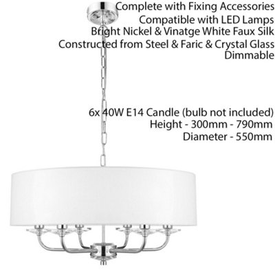 Multi Light Ceiling Pendant 6 Bulb NICKEL & WHITE Chandelier Large ...