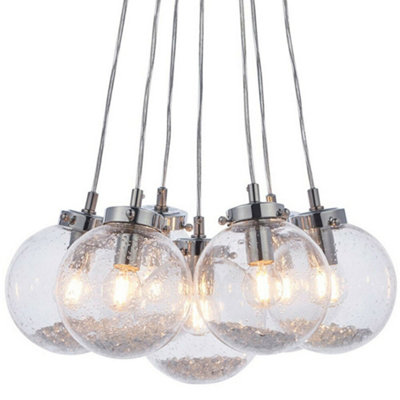 Multi Light Ceiling Pendant CHROME & GLASS 7 Bulb Modern Round Shade ...