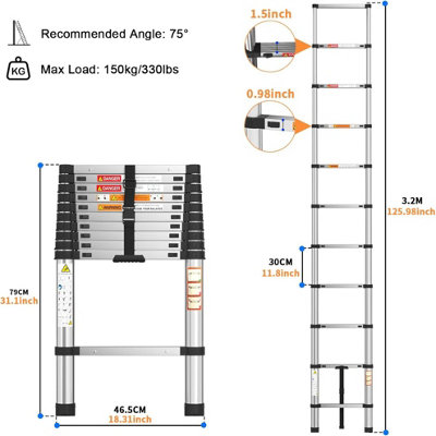 Multi Purpose Telescopic Step Ladder 3.2m with Securing Bolt and 11 Steps