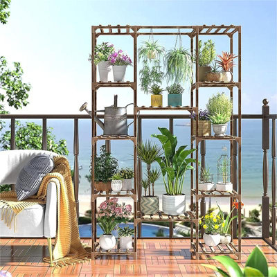 Multi Tier Slatted Brown Freestanding Wood Plant Stand Flower Display ...