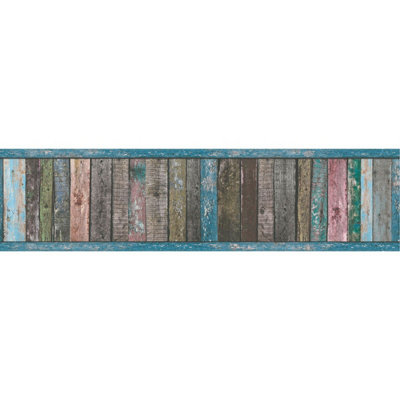 Multicolour Vertical Stripe Wood Effect Wallpaper Border, Brown Blue ...