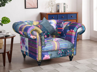 Multicoloured Fabric Patchwork 1 Seater Scroll Arm Chesterfield Sofa