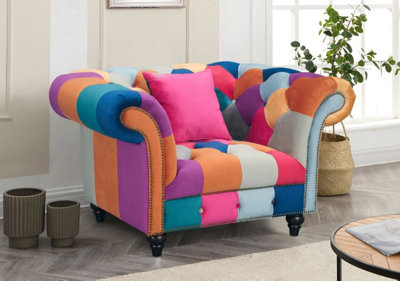 Multicoloured Velvet Patchwork 1 Seater Scroll Arm Chesterfield Sofa