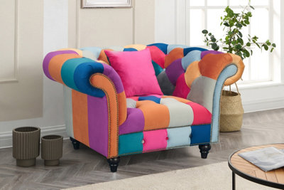 Multicoloured Velvet Patchwork 1 Seater Scroll Arm Chesterfield Sofa