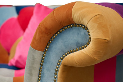 Multicoloured Velvet Patchwork 2C2 Seater Scroll Arm Chesterfield Corner Sofa