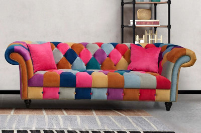 Multicoloured Velvet Patchwork 3 Seater Scroll Arm Chesterfield Sofa