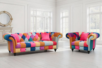 Multicoloured Velvet Patchwork 3 Seater Scroll Arm Chesterfield Sofa
