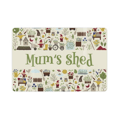 Mums Shed Sign - Green Cartoon Gardening Doodles Metal Plaque Plants ...