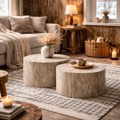 Munkebo Set of 2 Grey Marble-Effect Round Coffee Tables