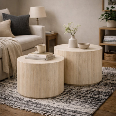 Munkebo Set of 2 Light Travertine-Effect Round Coffee Tables, Natural