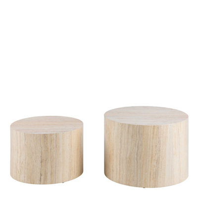 Munkebo Set of 2 Light Travertine-Effect Round Coffee Tables, Natural
