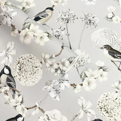 Muriva Avery Grey and Cream Bird Print Floral Luxury Wallpaper 202501