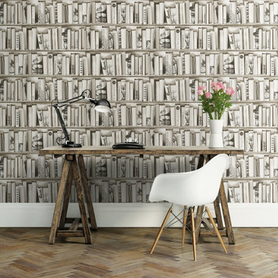 Muriva Beige Library 3D effect Embossed Wallpaper