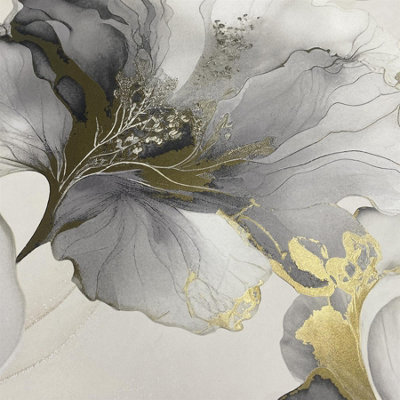 Muriva Elysian Floral Flowers Petal Pastel Metallic Black and Gold Wallpaper