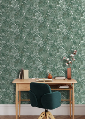 Muriva Lush Forest Green and White Metallic Floral Wallpaper 205502