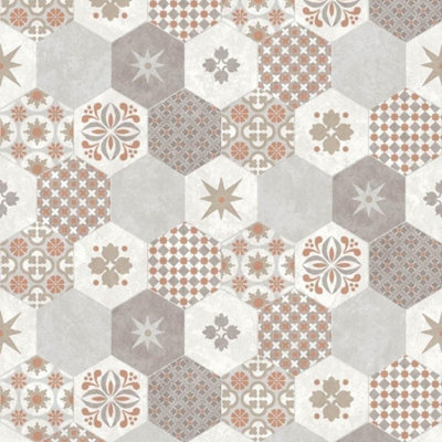 Muriva Patch Work Geometric Tiles Wallpaper Grey And Gold Vinyl Paste ...