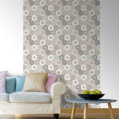 Muriva Patch Work Geometric Tiles Wallpaper Grey And Gold Vinyl Paste ...