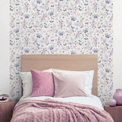 Muriva Pink Floral Metallic effect Embossed Wallpaper