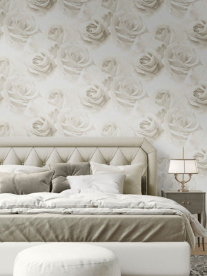 Muriva Rhoda Rose Cream White Metallic Floral Luxury Wallpaper 203502