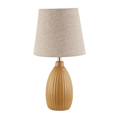 Mustard Etched Lined Ceramic Gloss Table Lamp with Linen Fabric Shade