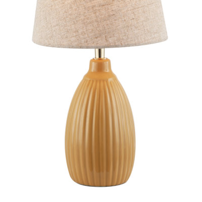 Mustard Etched Lined Ceramic Gloss Table Lamp with Linen Fabric Shade