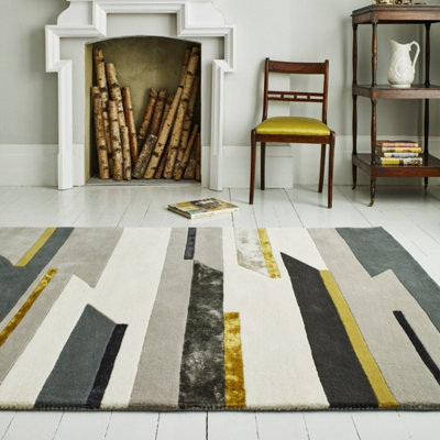 Mustard Wool Handmade Luxurious Modern Abstract Rug for Living Room and ...