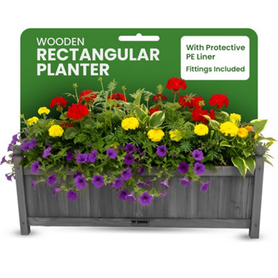 My Garden Wooden Rectangular Trough Planter with PE Liner 90 x 20 x 34 ...