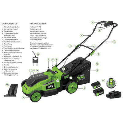 MYLEK Cordless Lawnmower Brushless 40V And Mulcher 4000mAh Li Ion ...
