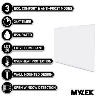 MYLEK Wall Mounted Slimline White Panel Heater 1500w Daily and Weekly ...