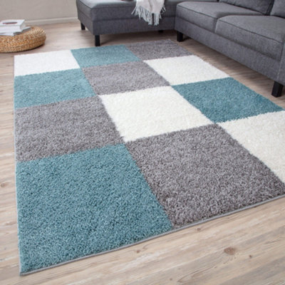 Myshaggy Collection Rugs Geometric Design 381 Duck Egg Blue | DIY at B&Q