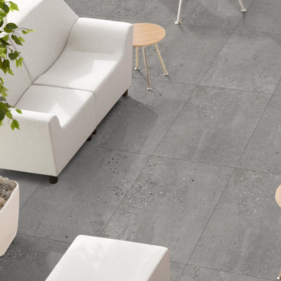 Mythos Matt Grey Stone Effect Porcelain Outdoor Tile - Pack of 20, 10 ...