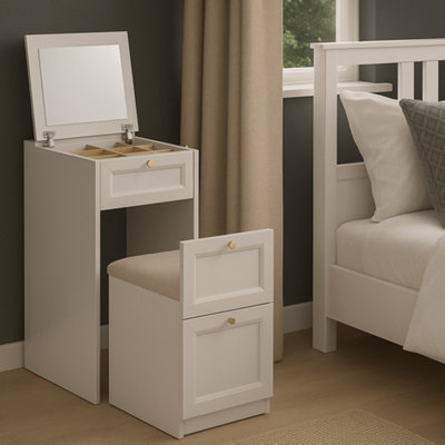 Narrow Dressing Table with Storage Pull Out Stool Mirror Jewellery Box ...
