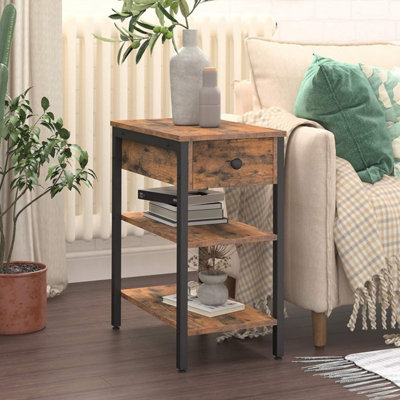 Narrow Side Table Slim Bedside Table with Drawer Industrial End Table with 3 tier Storage Shelves