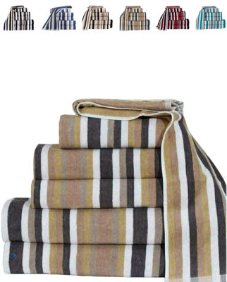 Natural Cotton 2 x HAND TOWELS Mocha 6 Threads Combed Stripe Royal ...