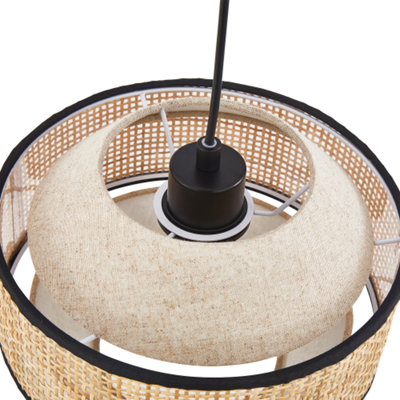 Natural Linen and Woven Rattan Pendant Ceiling Light with Black Trim ...